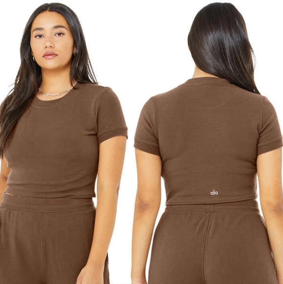 ALO Yoga | Tops | Alo Yoga Micro Waffle Cropped Tee Sierra Coco Brown ...